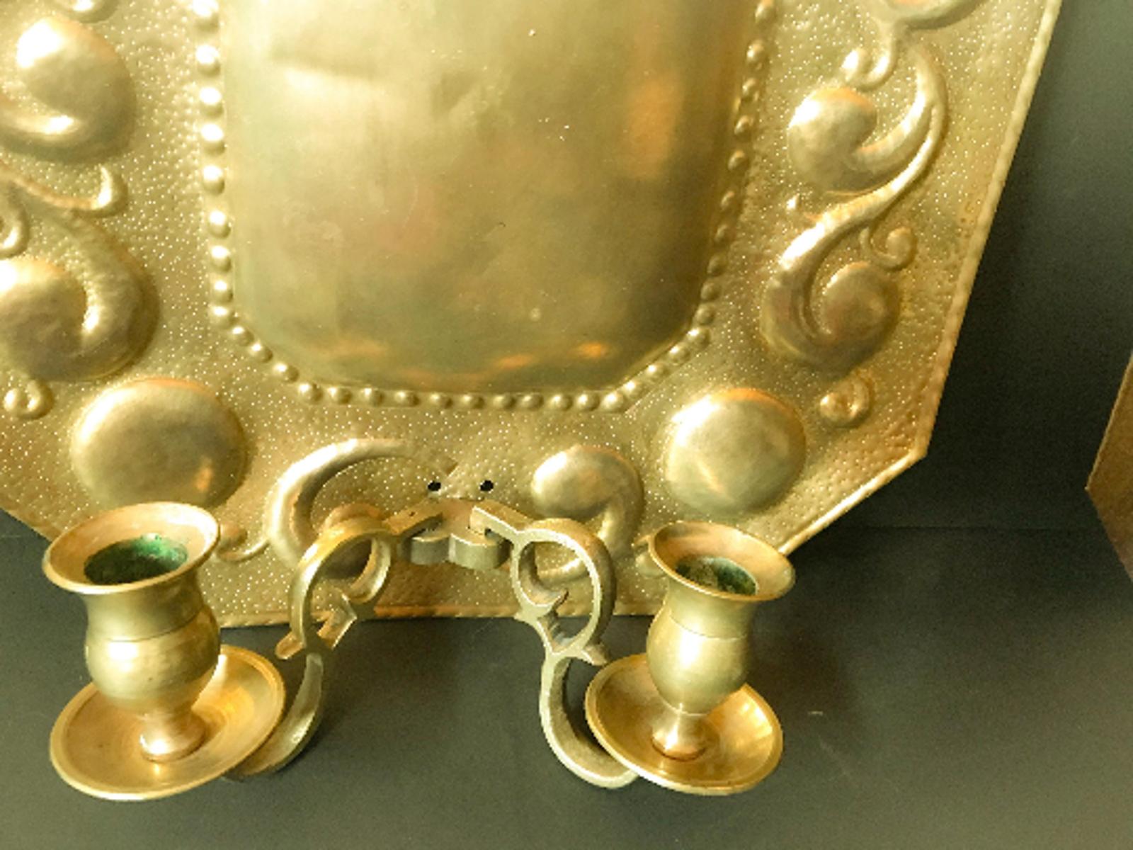 1880 Pair of Dutch Sconces, Repousse Brass Two-Light Wall Blaker at ...