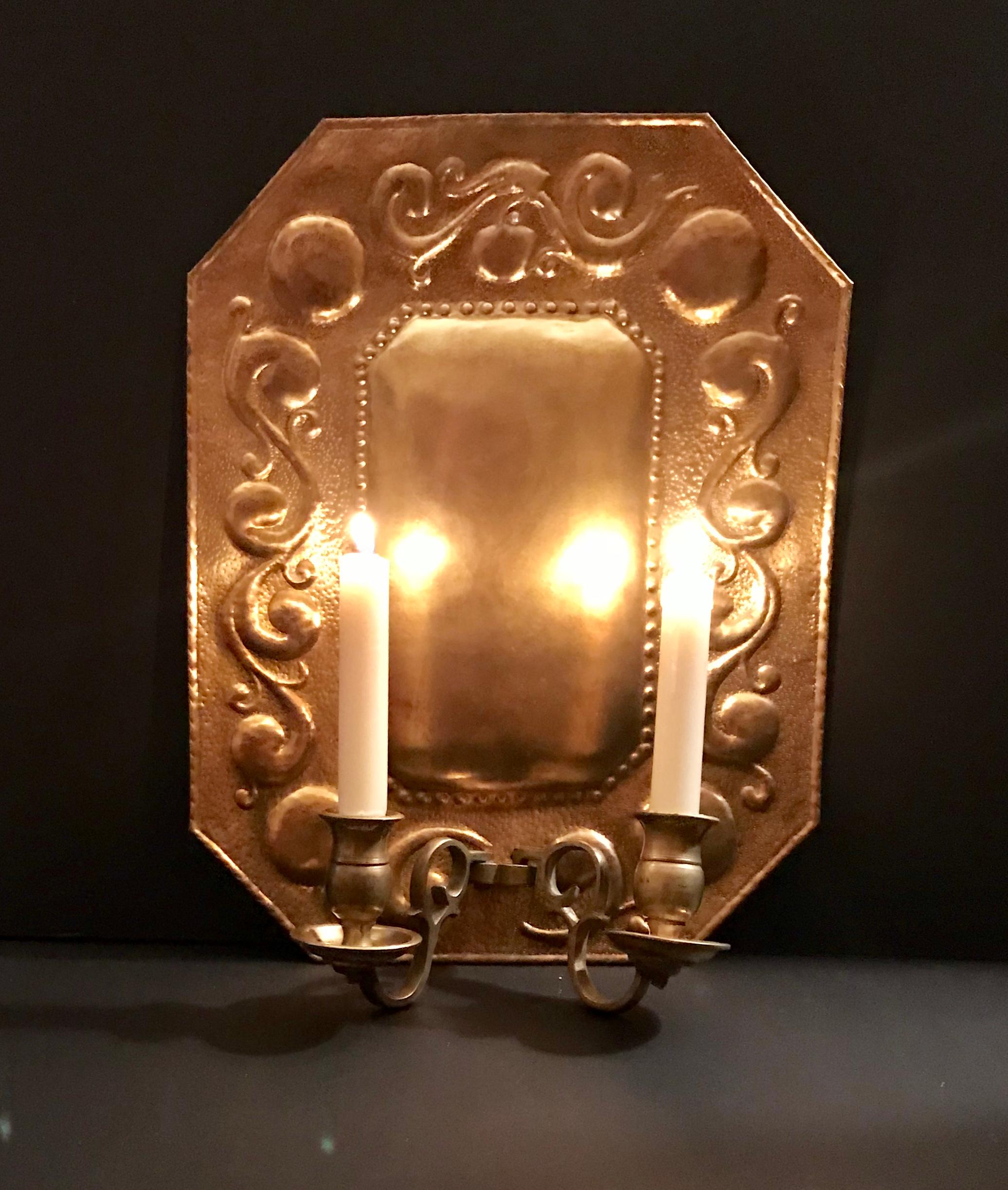 1880 Pair of Dutch Sconces, Repousse Brass Two-Light Wall Blaker at ...