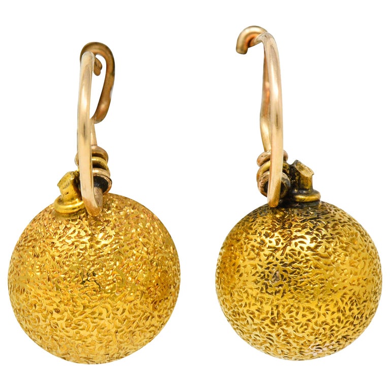1880 Victorian 14 Karat Gold Stippled Ball Drop Earrings at 1stDibs