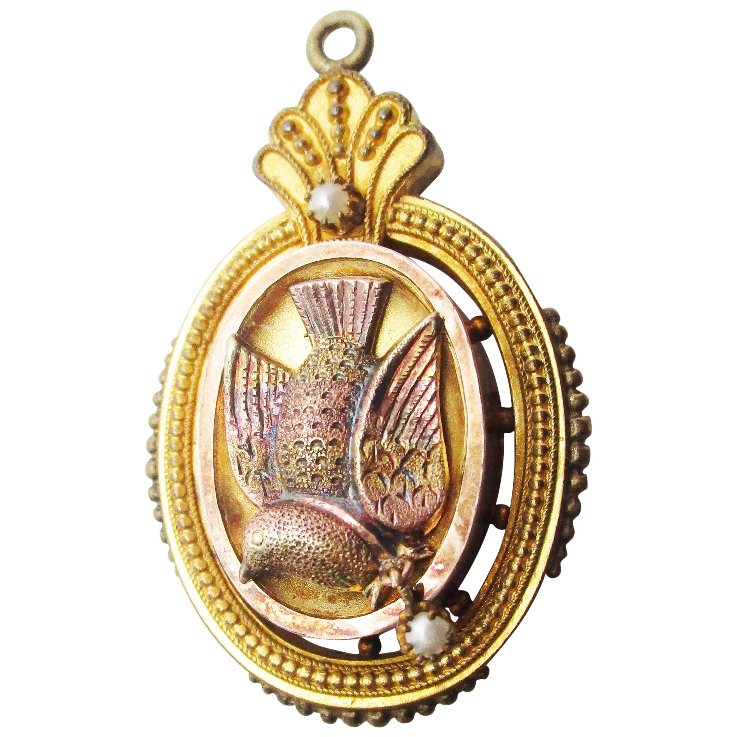 1880 Victorian Gold Filled Seed Pearl Dove Locket at 1stDibs