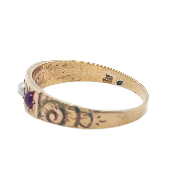 1880 Victorian Hand Engraved Star Set Pearl and Synthetic Ruby Ring For ...