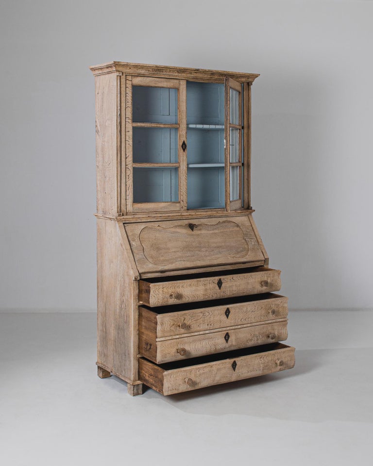 1880s Belgian Bleached Oak Secretary Desk with Vitrine at 1stDibs