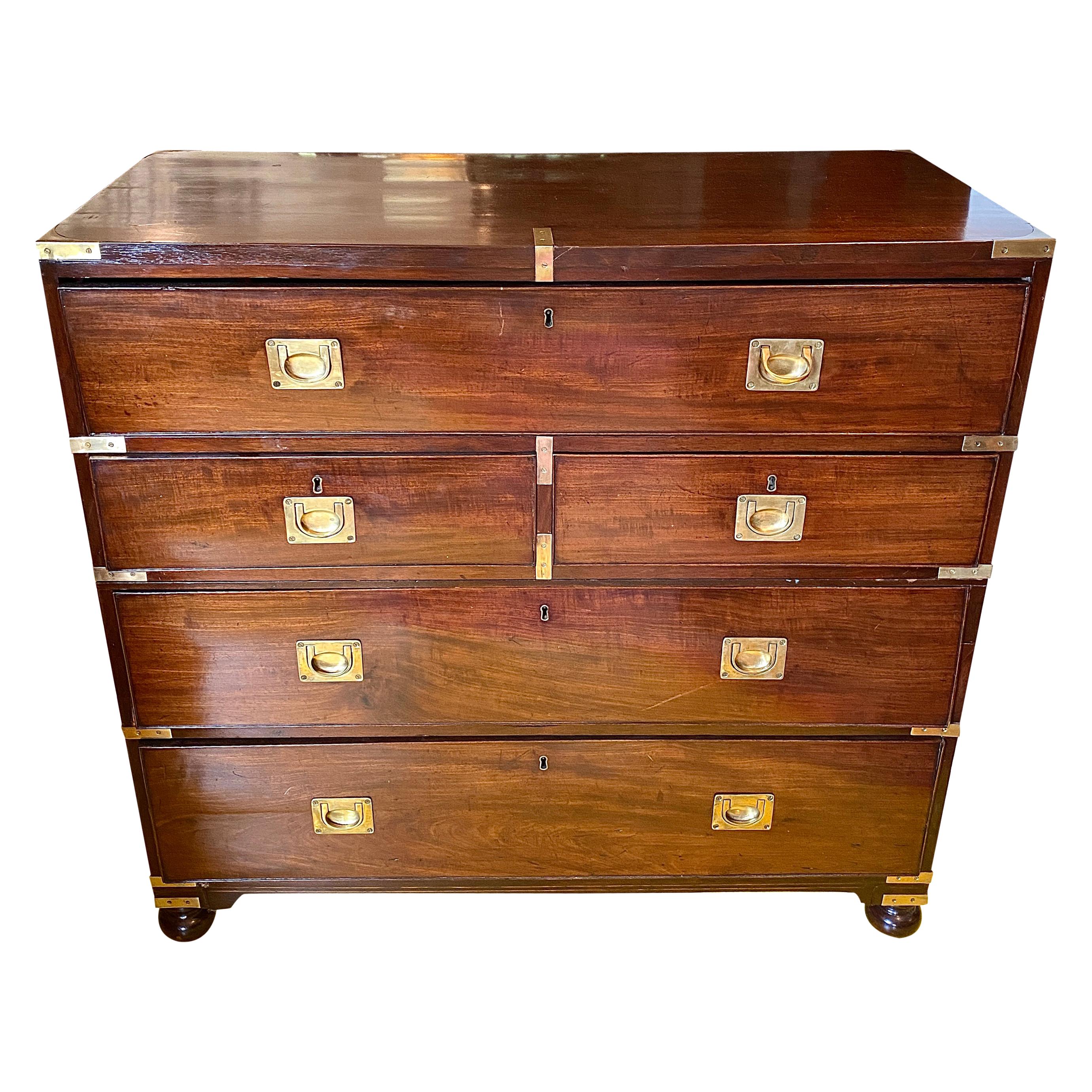 1880s English Officer's Campaign Chest Secretaire of Mahogany and Brass ...