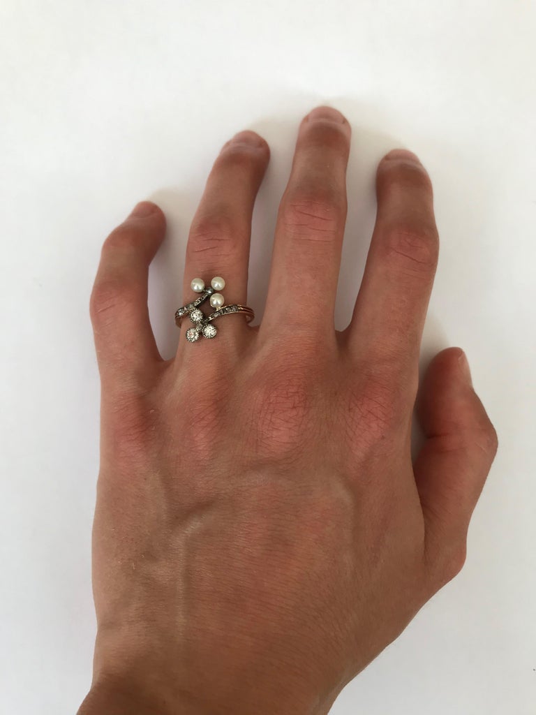 1880s English Pearl Diamond 18k Gold Double Trefoil Ring at 1stDibs