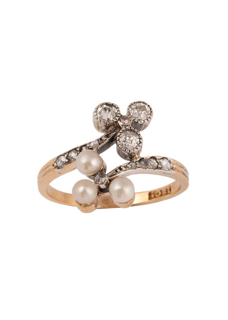 1880s English Pearl Diamond 18k Gold Double Trefoil Ring at 1stDibs