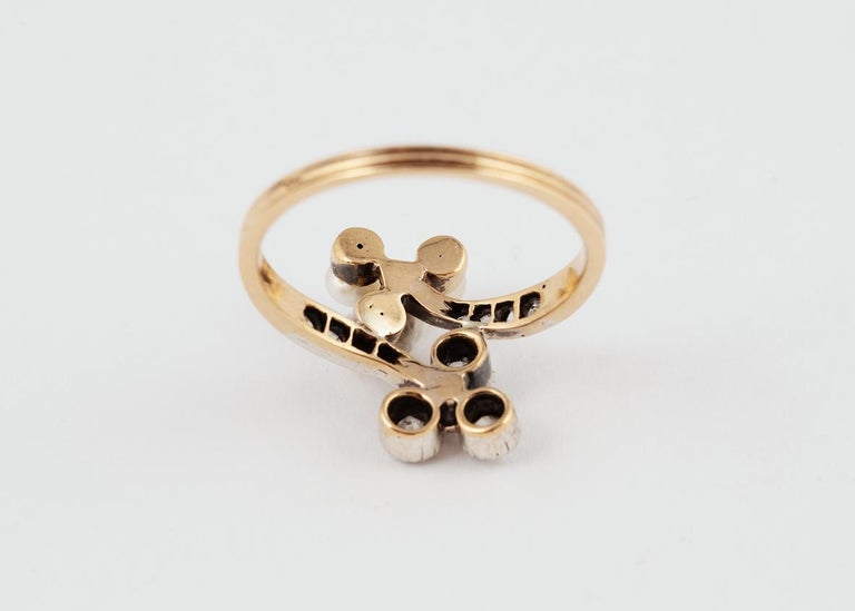 1880s English Pearl Diamond 18k Gold Double Trefoil Ring at 1stDibs