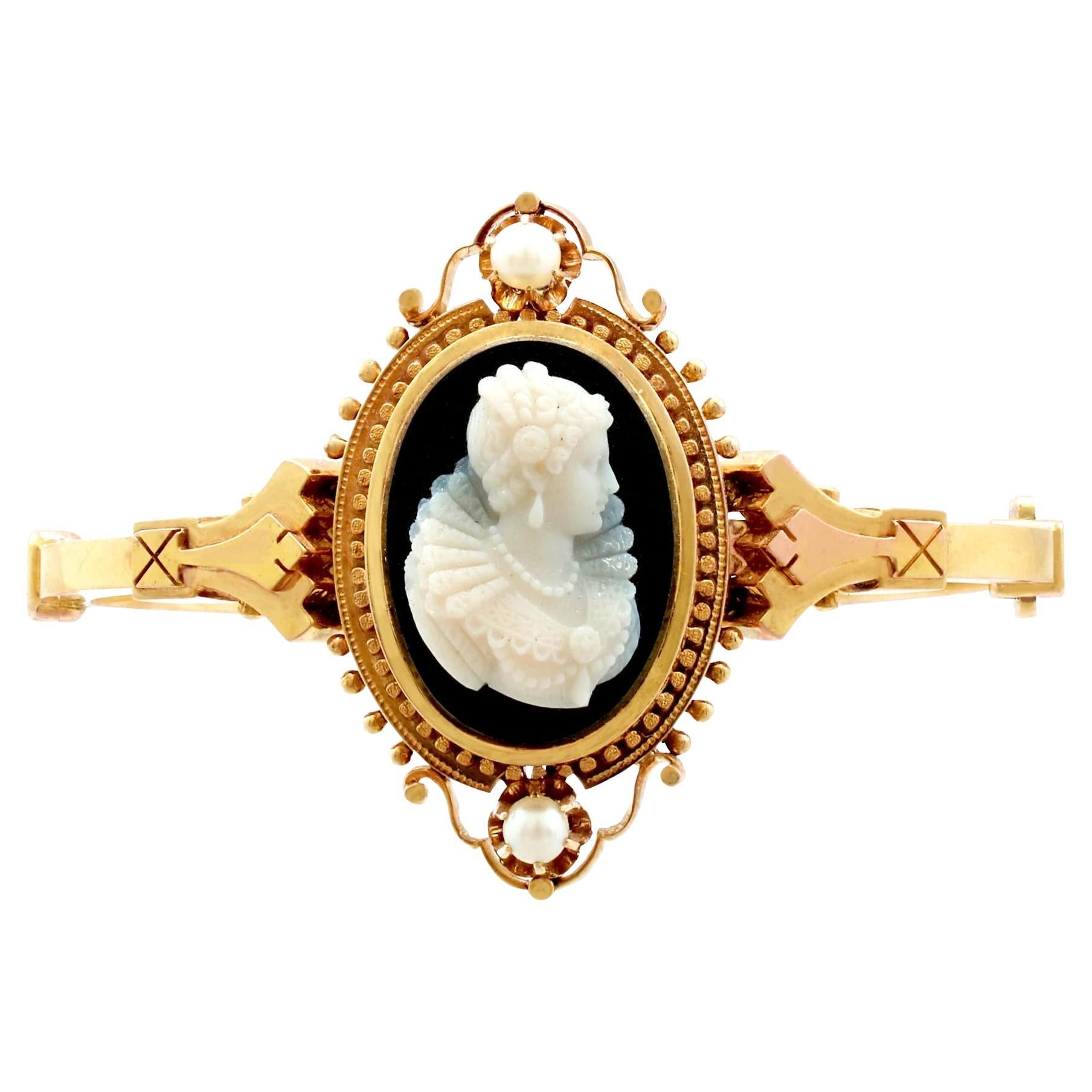 1880s Victorian Cameo Bangle Bracelet with Pearls in Yellow Gold For ...