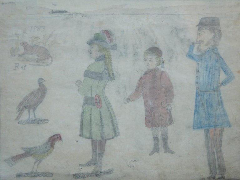 1883 Antique Victorian Naive Folk Art Pencil Drawing Figures Birds Rat ...