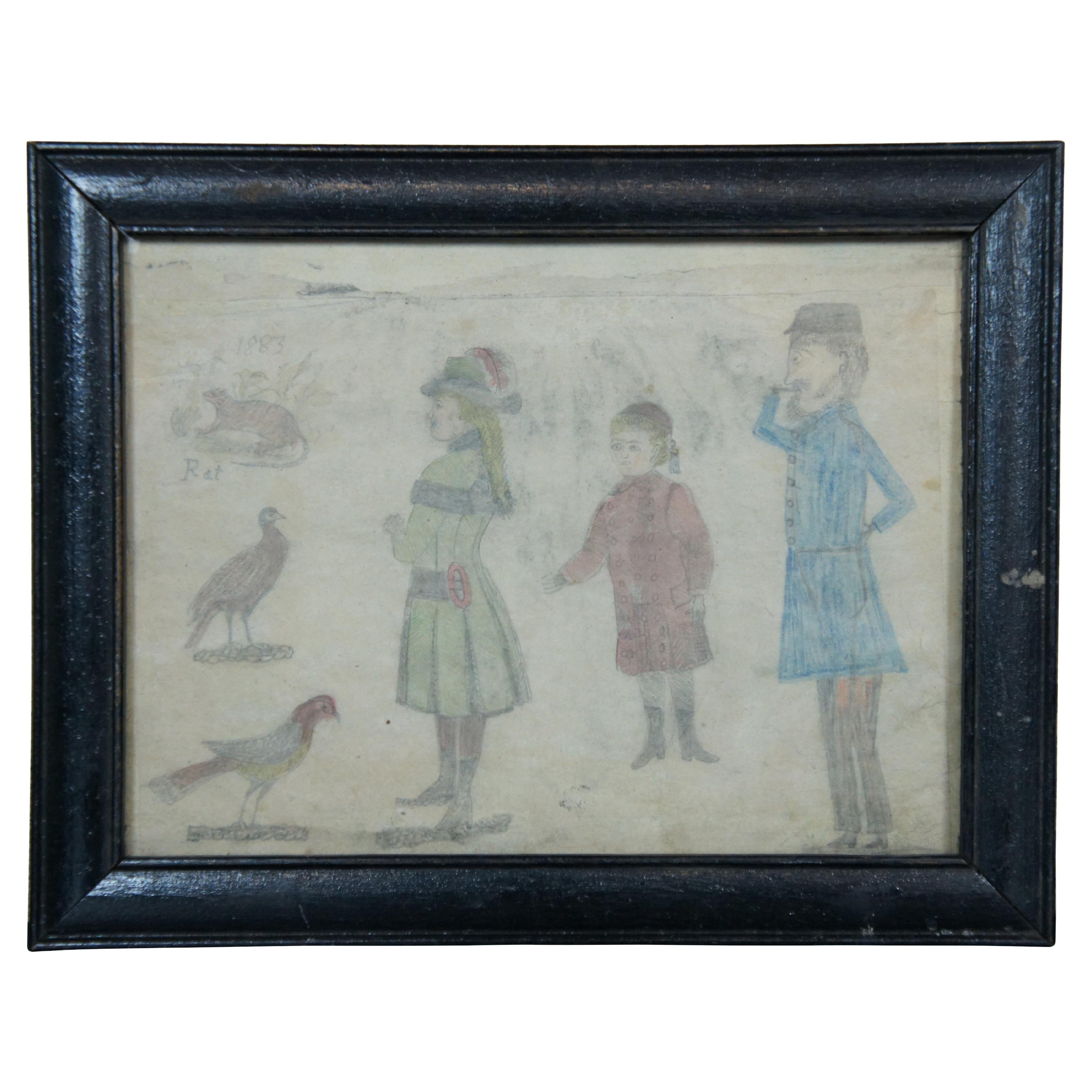 1883 Antique Victorian Naive Folk Art Pencil Drawing Figures Birds Rat ...