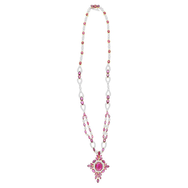 18.83 Carat Natural Ruby and Diamond Mixed Cut Cross Necklace in 18K ...