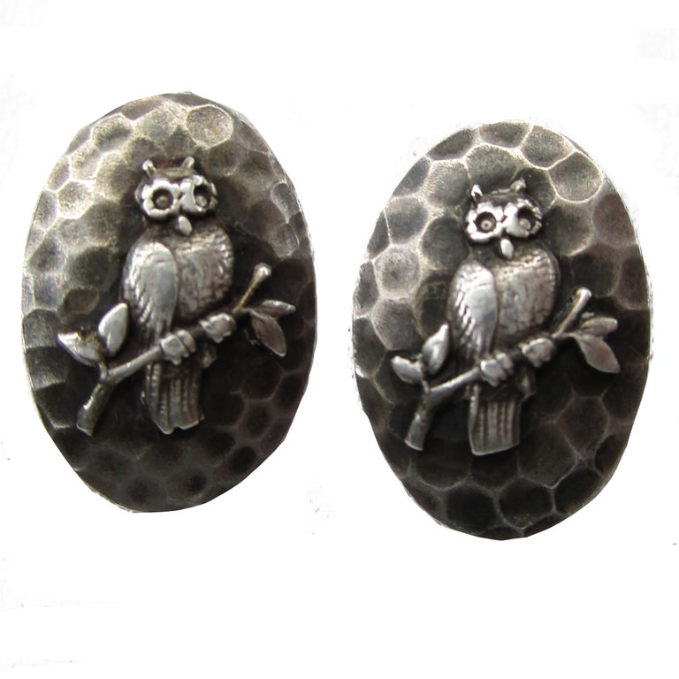 1890 Sterling Silver Owl and Beetle Cufflinks For Sale at 1stDibs