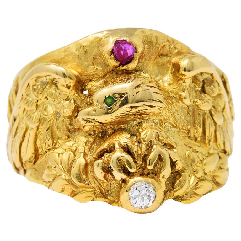 1890 Victorian Diamond Ruby 14 Karat Gold Eagle Ring at 1stDibs
