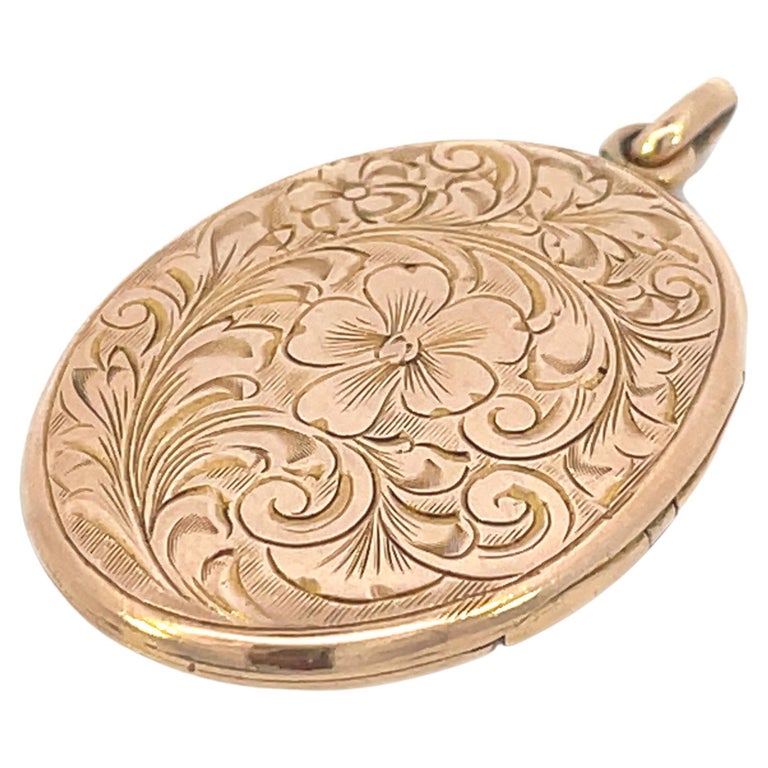 1890 Victorian Rose Gold Hand Engraved Floral Locket For Sale at 1stDibs