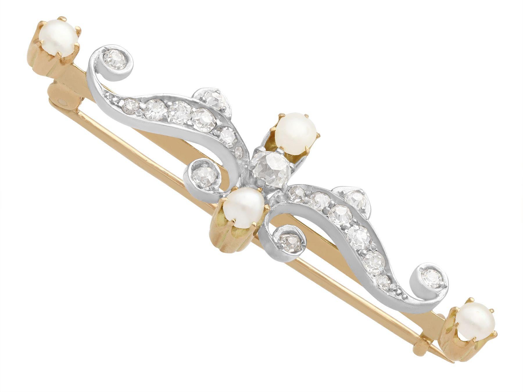 Antique 1890s Diamond and Pearl Yellow Gold Brooch For Sale at 1stDibs
