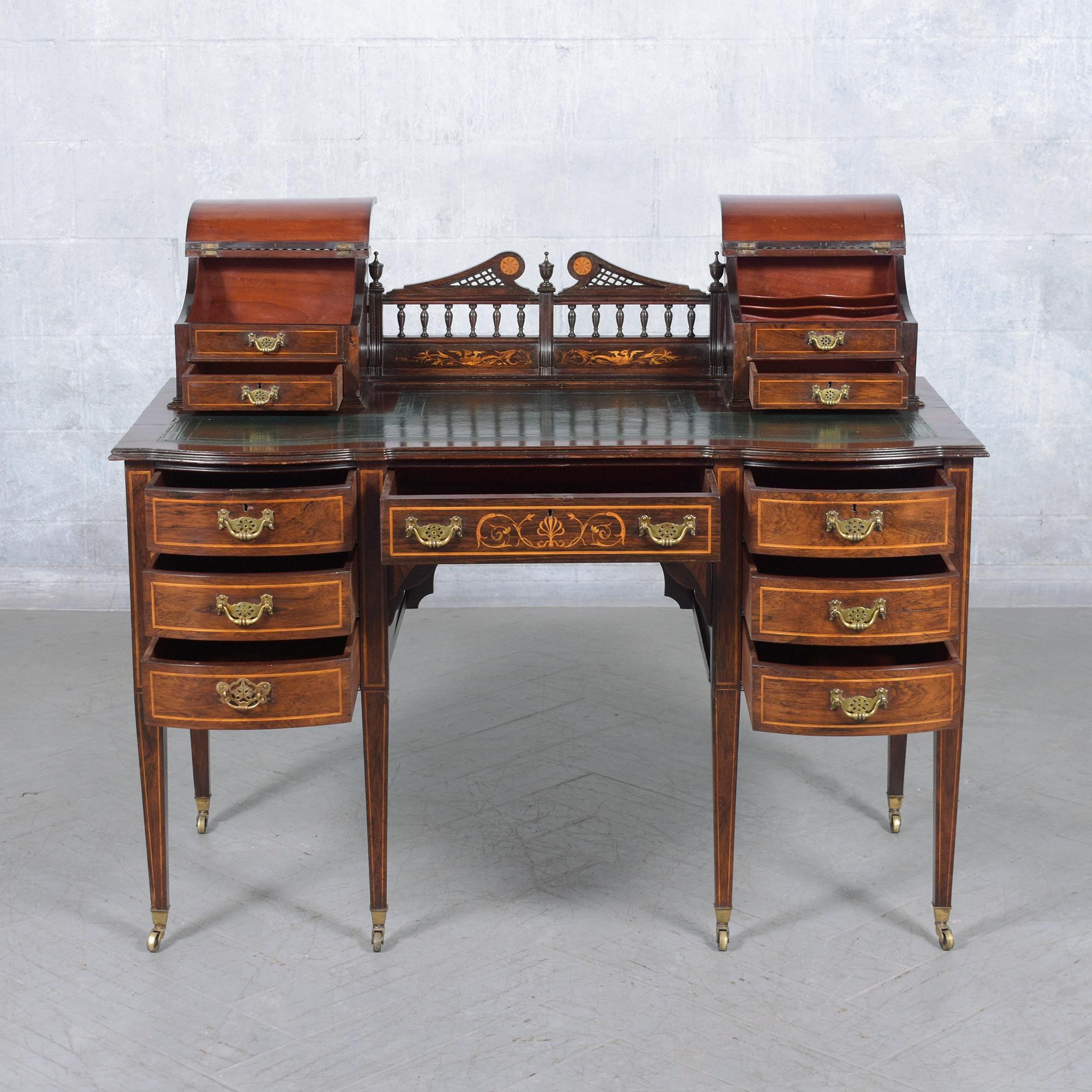 1890s Antique English Carlton Writing Desk with Mahogany and Inlay ...