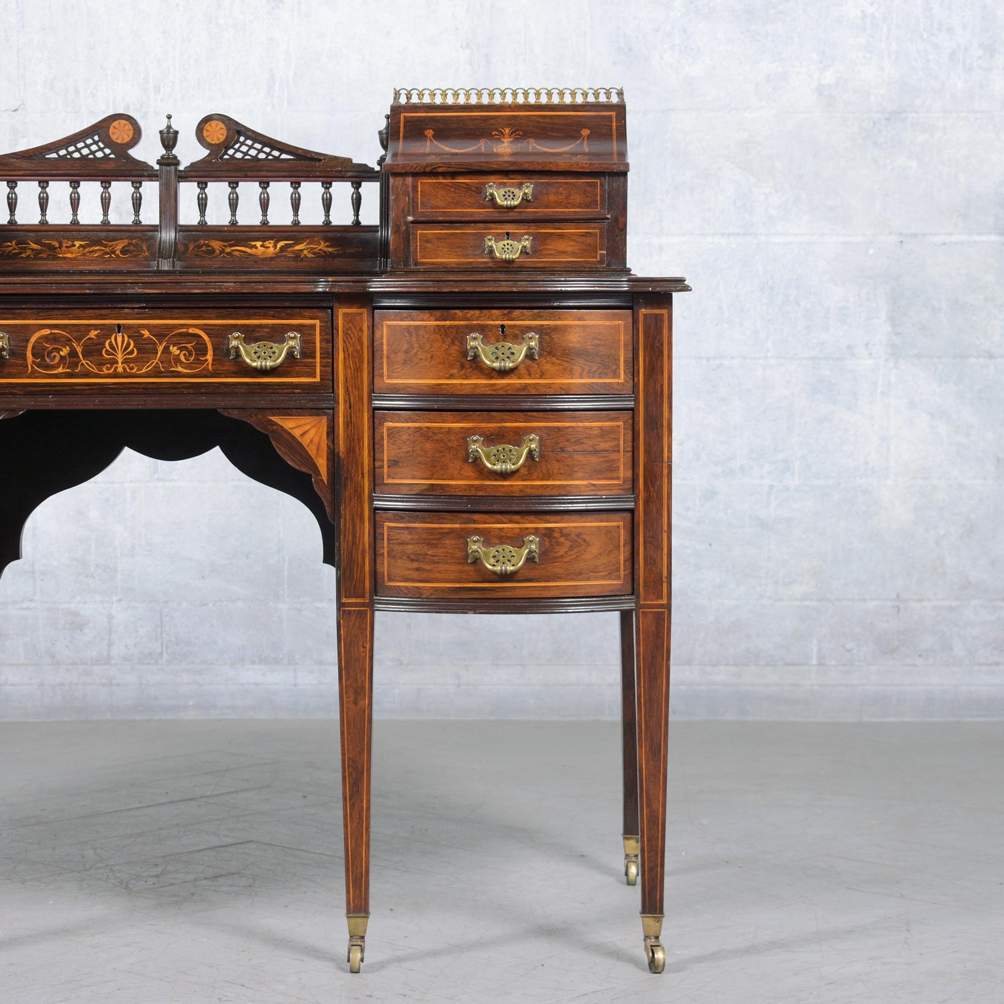 1890s Antique English Carlton Writing Desk with Mahogany and Inlay ...