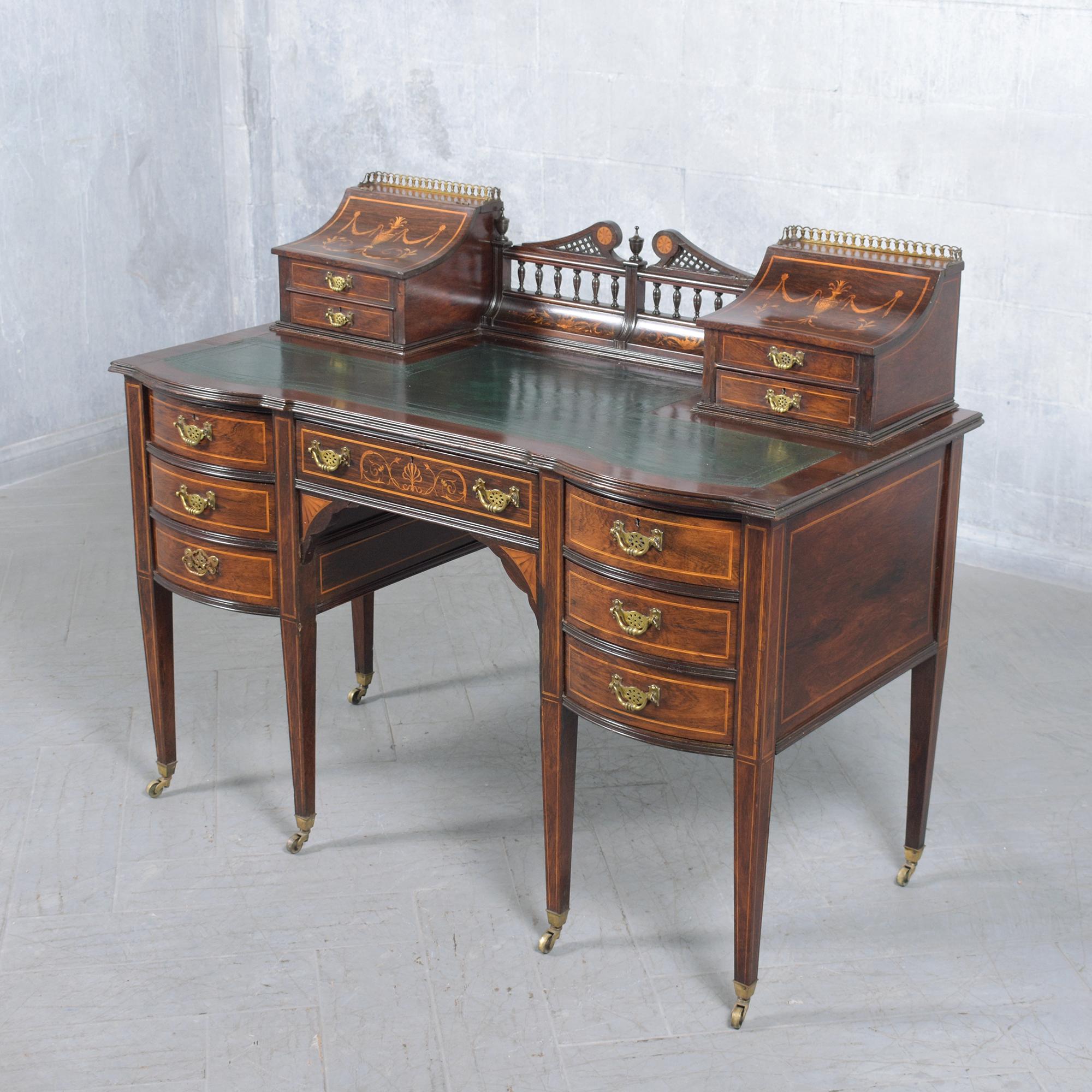 1890s Antique English Carlton Writing Desk with Mahogany and Inlay ...