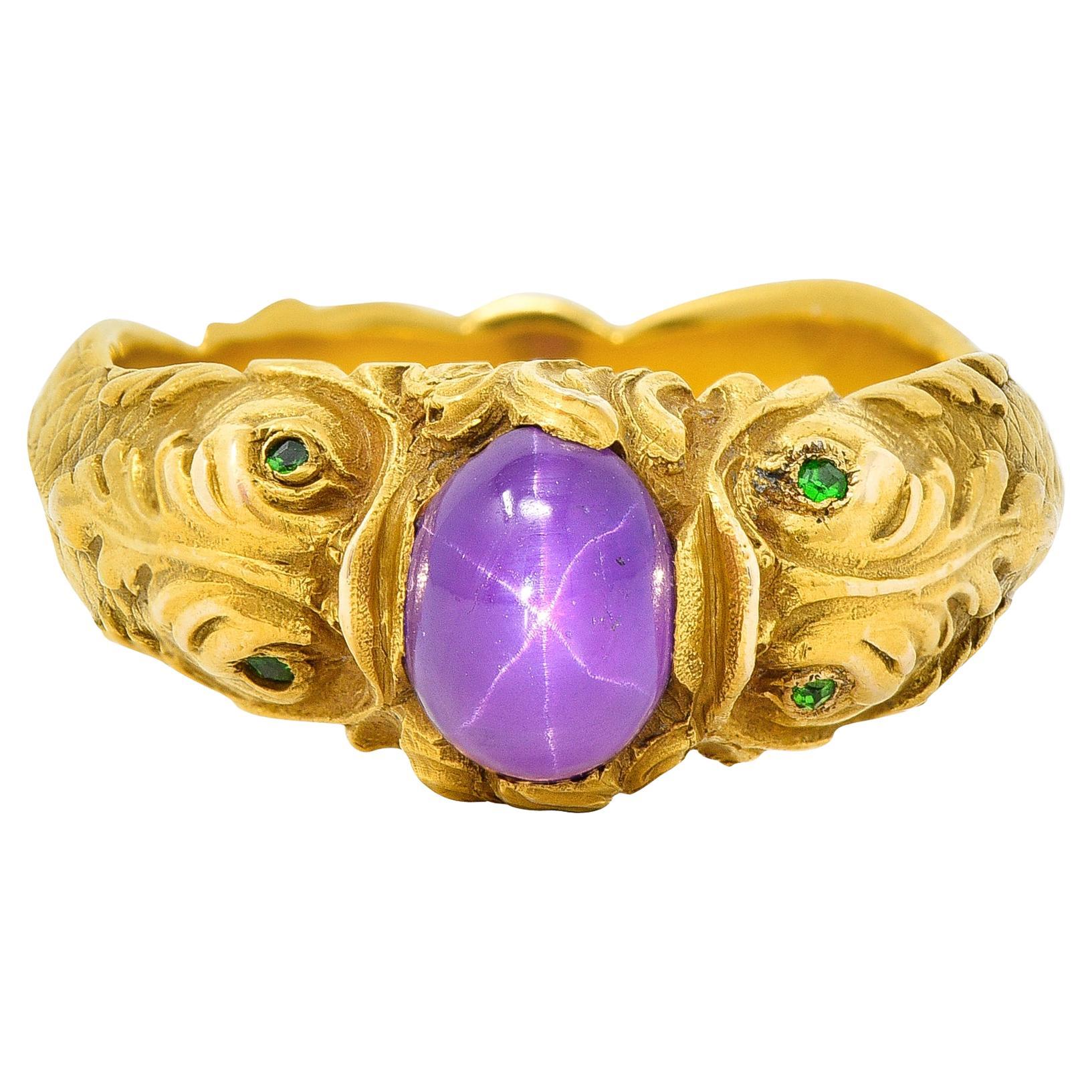 1890s Art Nouveau 2.68 Star Ruby Demantoid Garnet 14 Karat Gold Koi ...