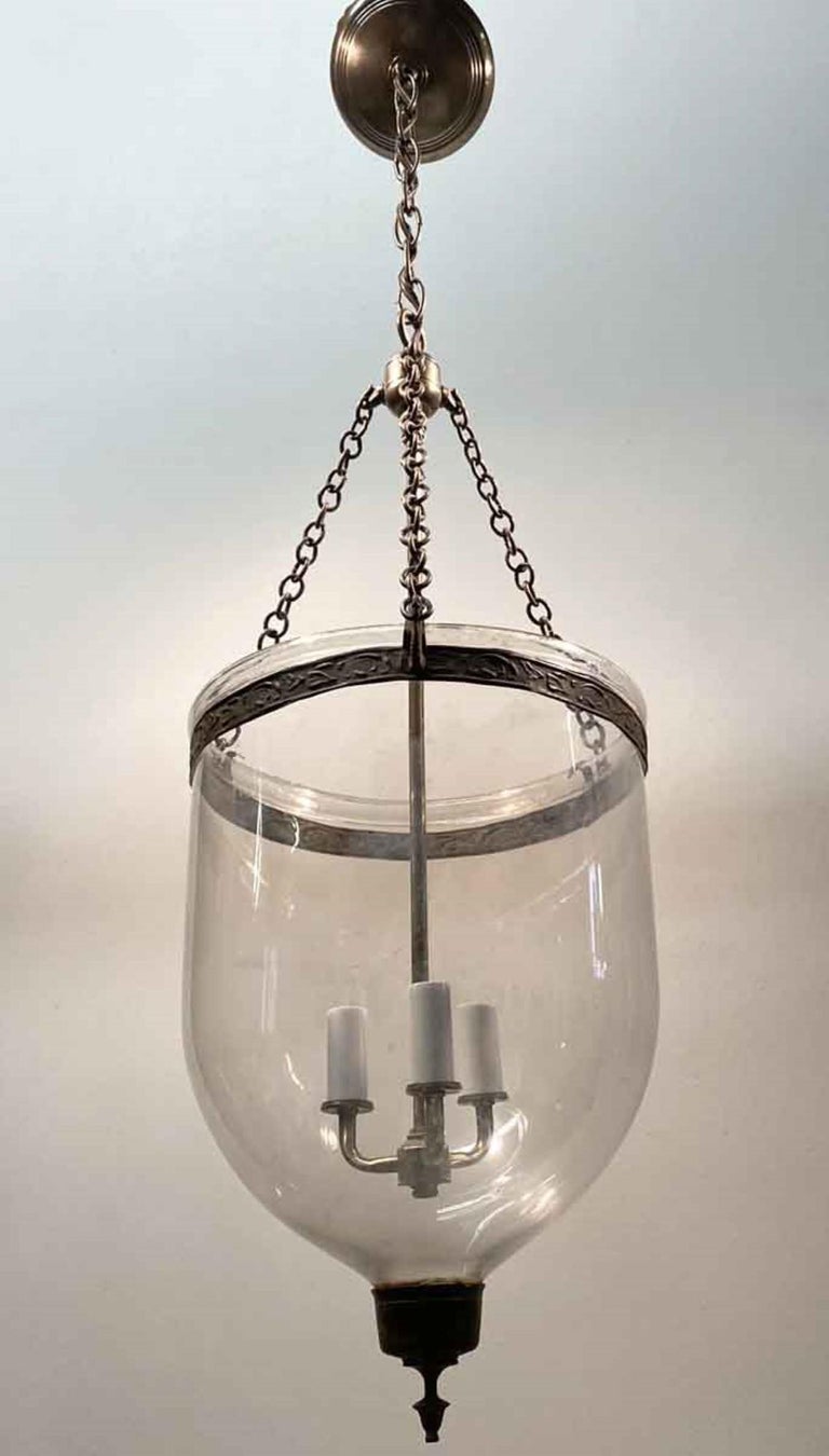 1890s English Clear Bell Jar Three-Light Pendant Lantern with New Brass ...