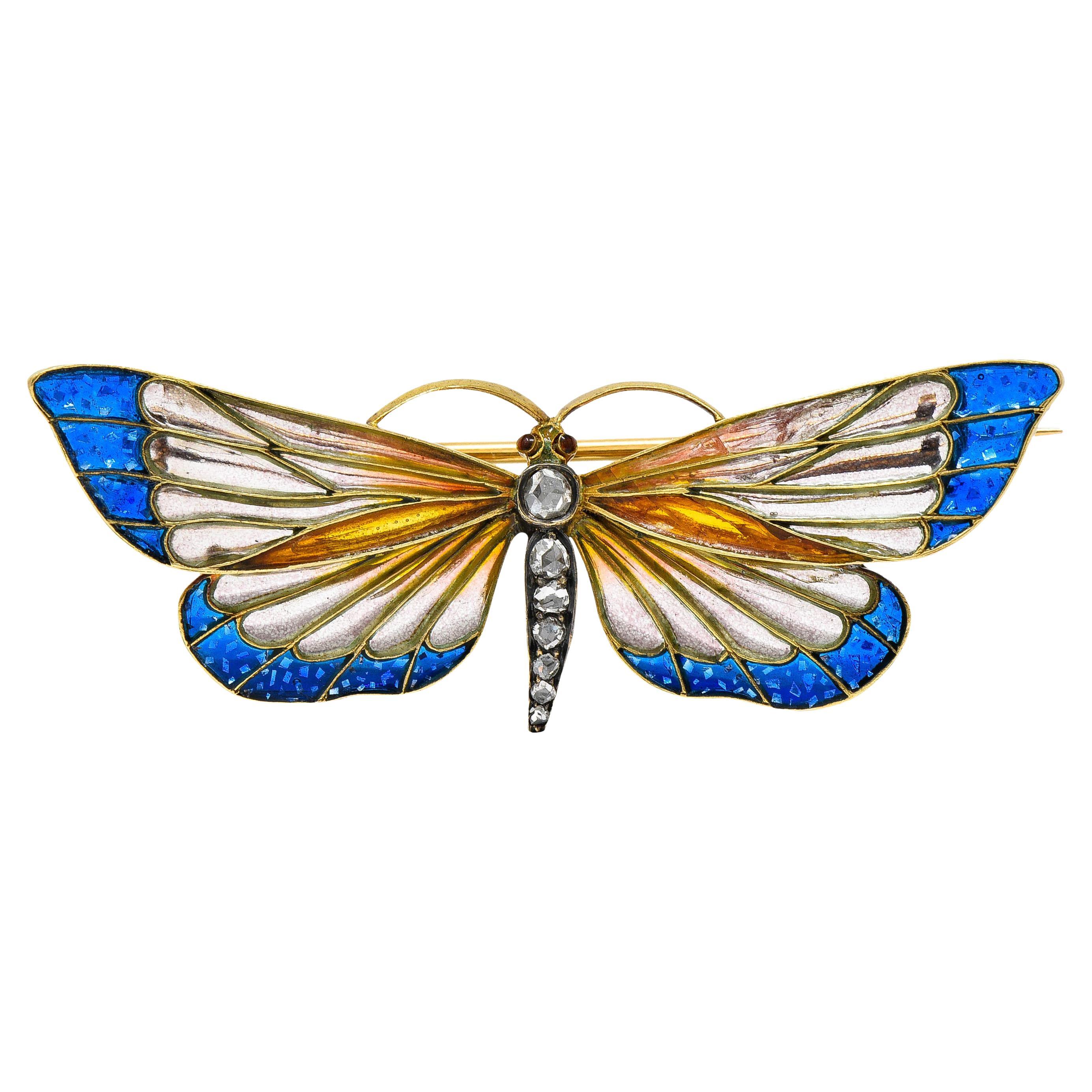 1890's French Victorian Plique-A-Jour Enamel Diamond Butterfly Brooch ...