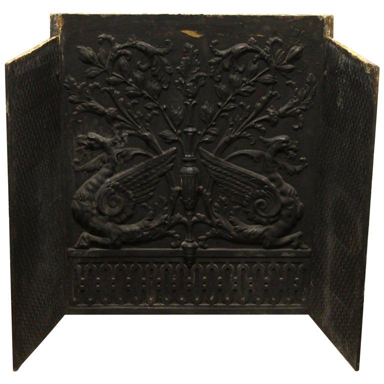 1890s Ornate Figural and Floral Black Cast Iron Fire Back For Sale at ...