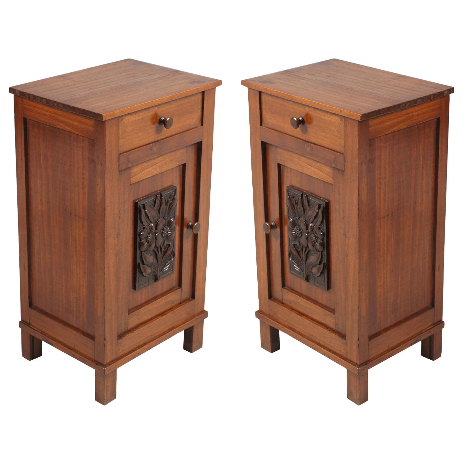 1890s Pair of Art Nouveau Tyrolean Nightstands in Solid Pine, carved ...