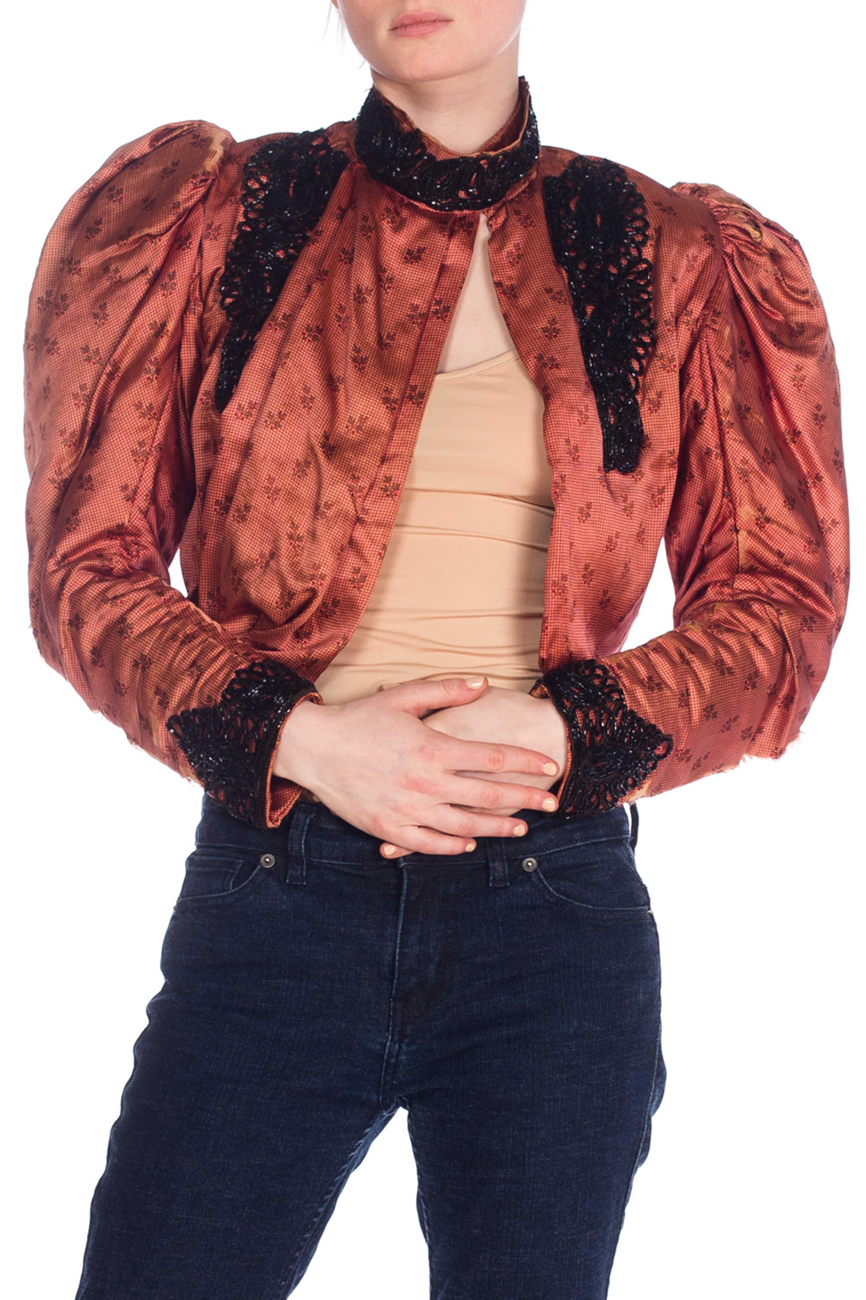 Victorian Brick Red Printed Silk and Cotton Satin 1890S Jacket With ...
