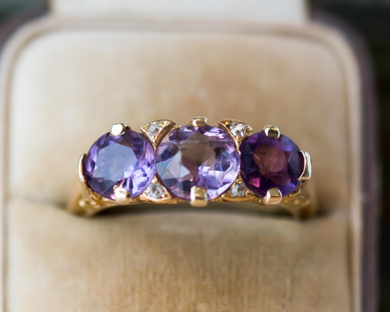 1890s Victorian Antique Three-Stone Amethyst, Diamond and 18 Karat Gold ...