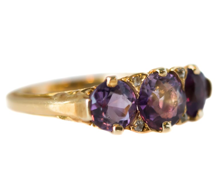 1890s Victorian Antique Three-Stone Amethyst, Diamond and 18 Karat Gold ...