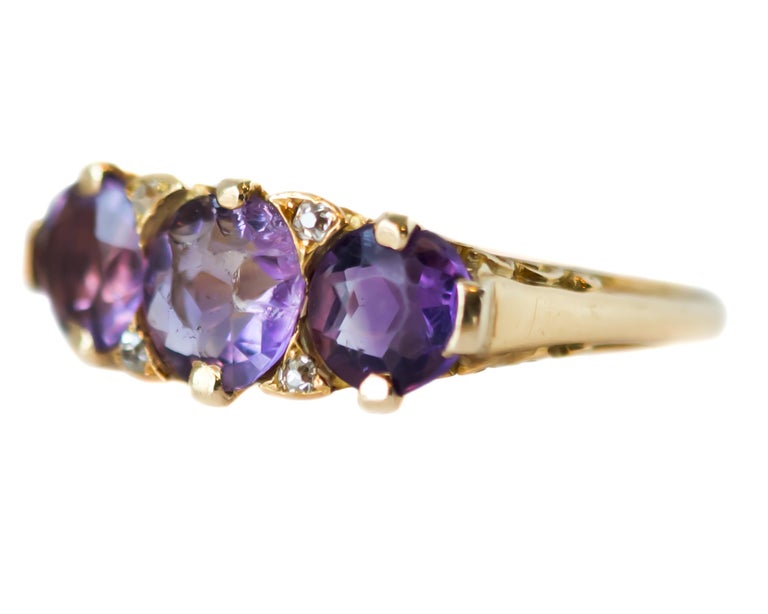 1890s Victorian Antique Three-Stone Amethyst, Diamond and 18 Karat Gold ...