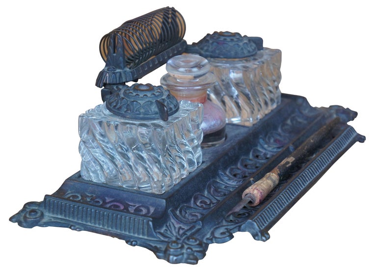 1892 Antique Victorian Cast Iron Dual Postal Letter Inkwell Ink Stand ...