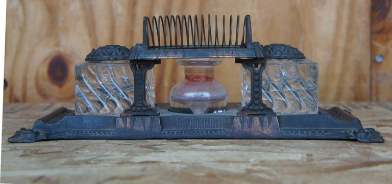 1892 Antique Victorian Cast Iron Dual Postal Letter Inkwell Ink Stand ...