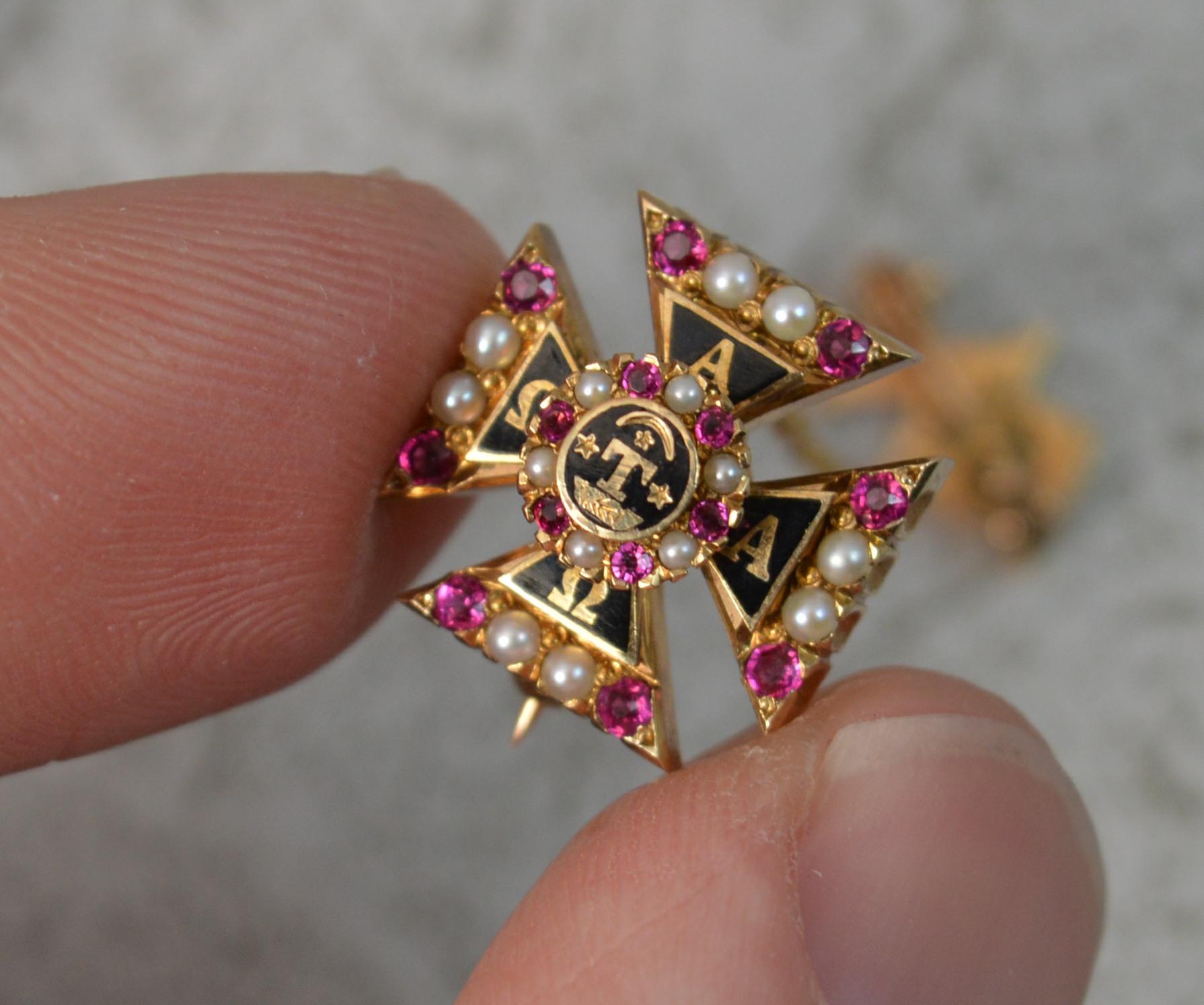 18 Carat Gold Maltese Cross Masonic Enamel Ruby Pearl Brooch For Sale ...
