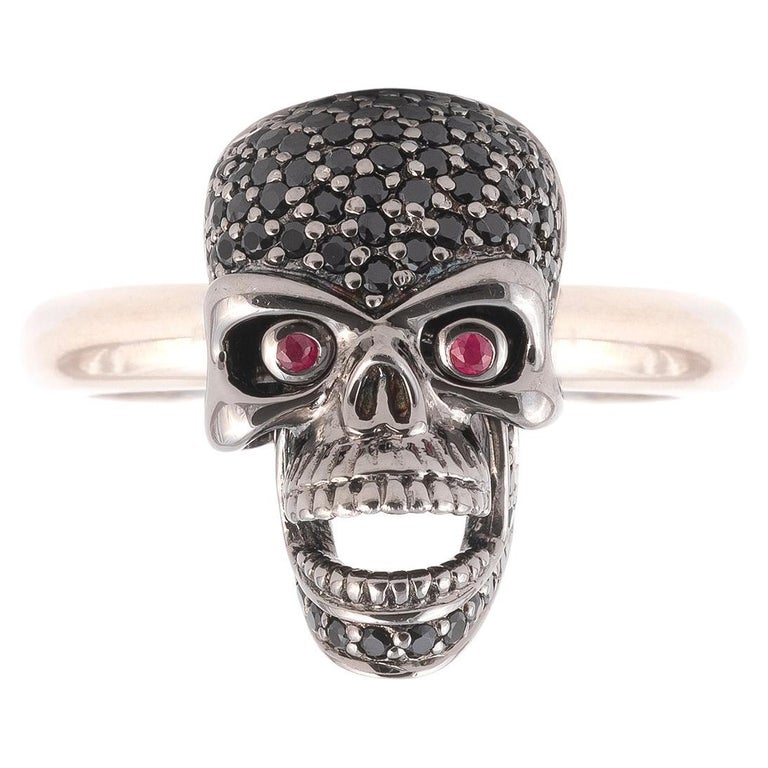 18ct White Gold Pave Set Black Diamond Skull With Ruby Eyes Ring For ...