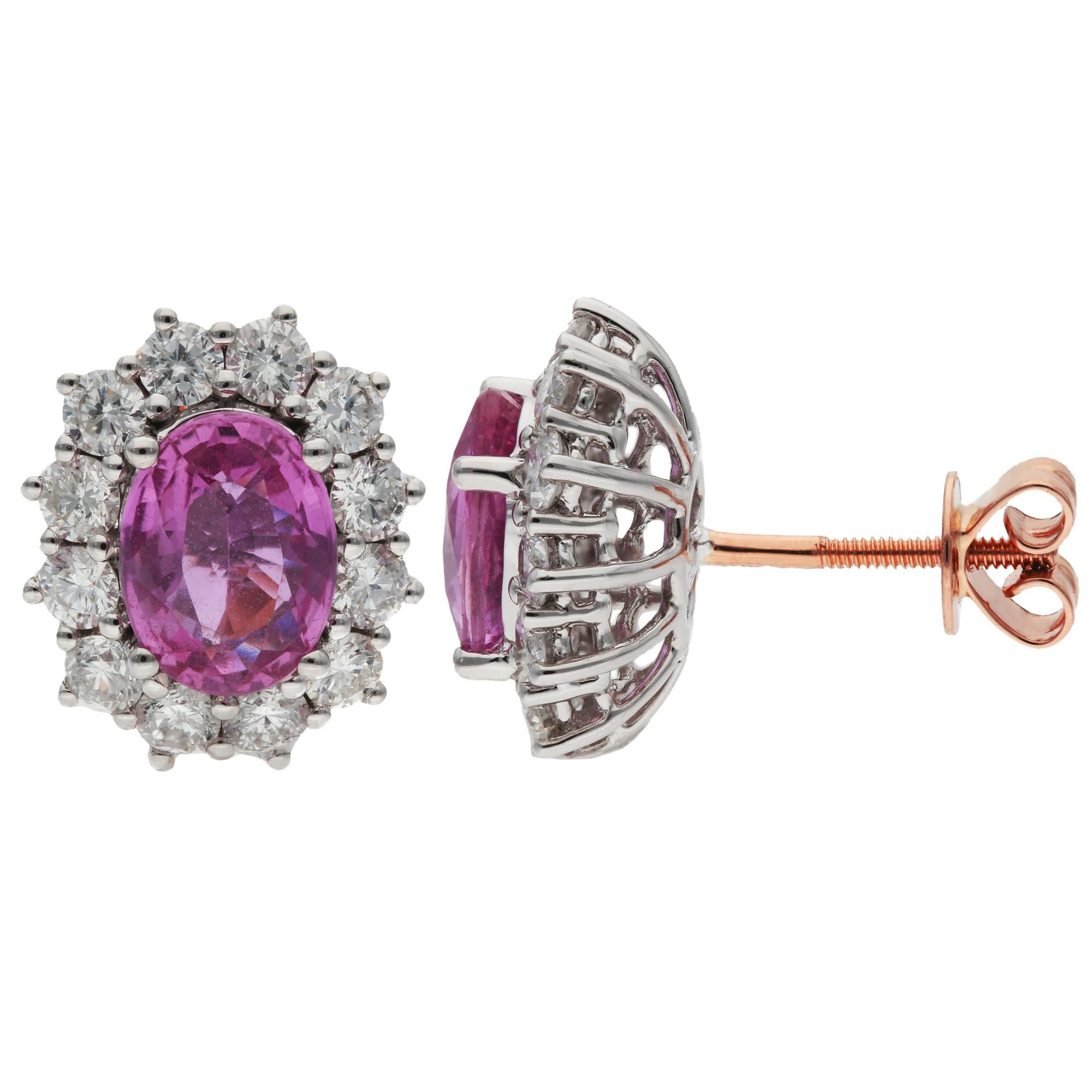 18ct White and Rose Gold 2.00ct Pink Sapphire and 1.20ct Diamond Halo Stud Earrings For Sale at ...