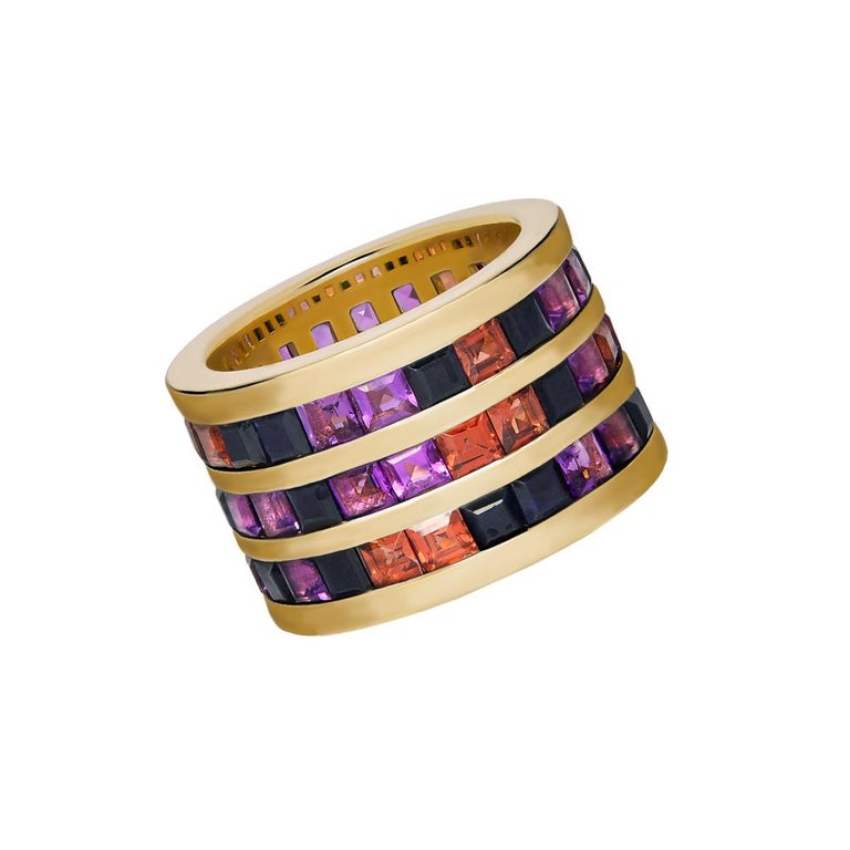 18ct Yellow Gold, Garnet, Amethyst and Black Sapphire Channel-Set ...