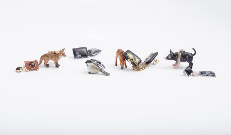 18 Carat Yellow Gold, Garnet, Goldstone and Painted Porcelain Fox ...