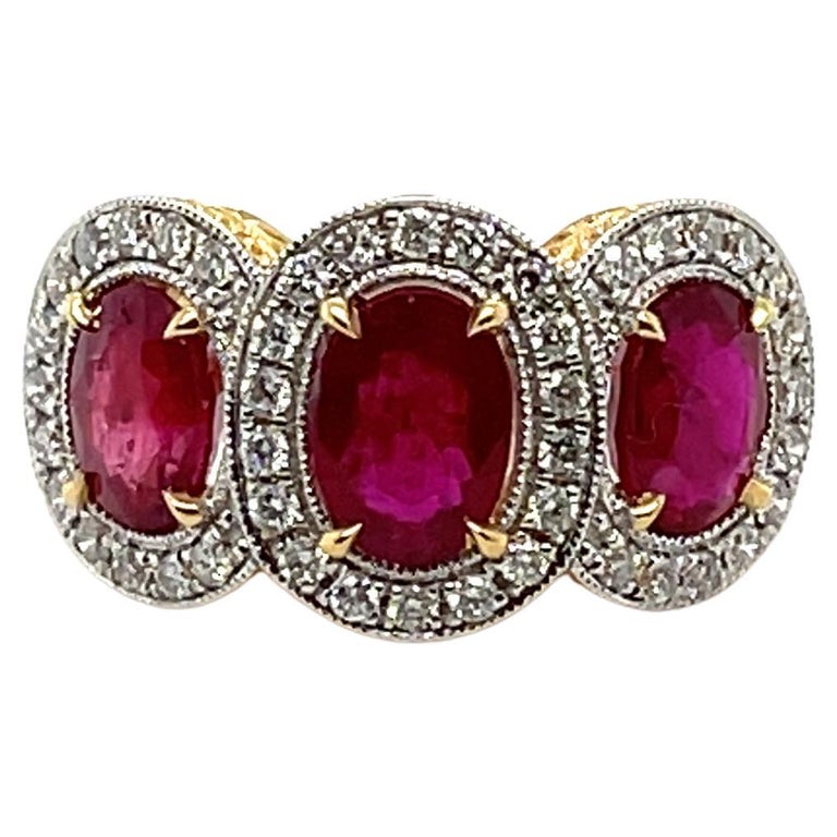 18ct Yellow Gold Oval Shaped Trilogy Ruby and Diamond Ring For Sale at ...