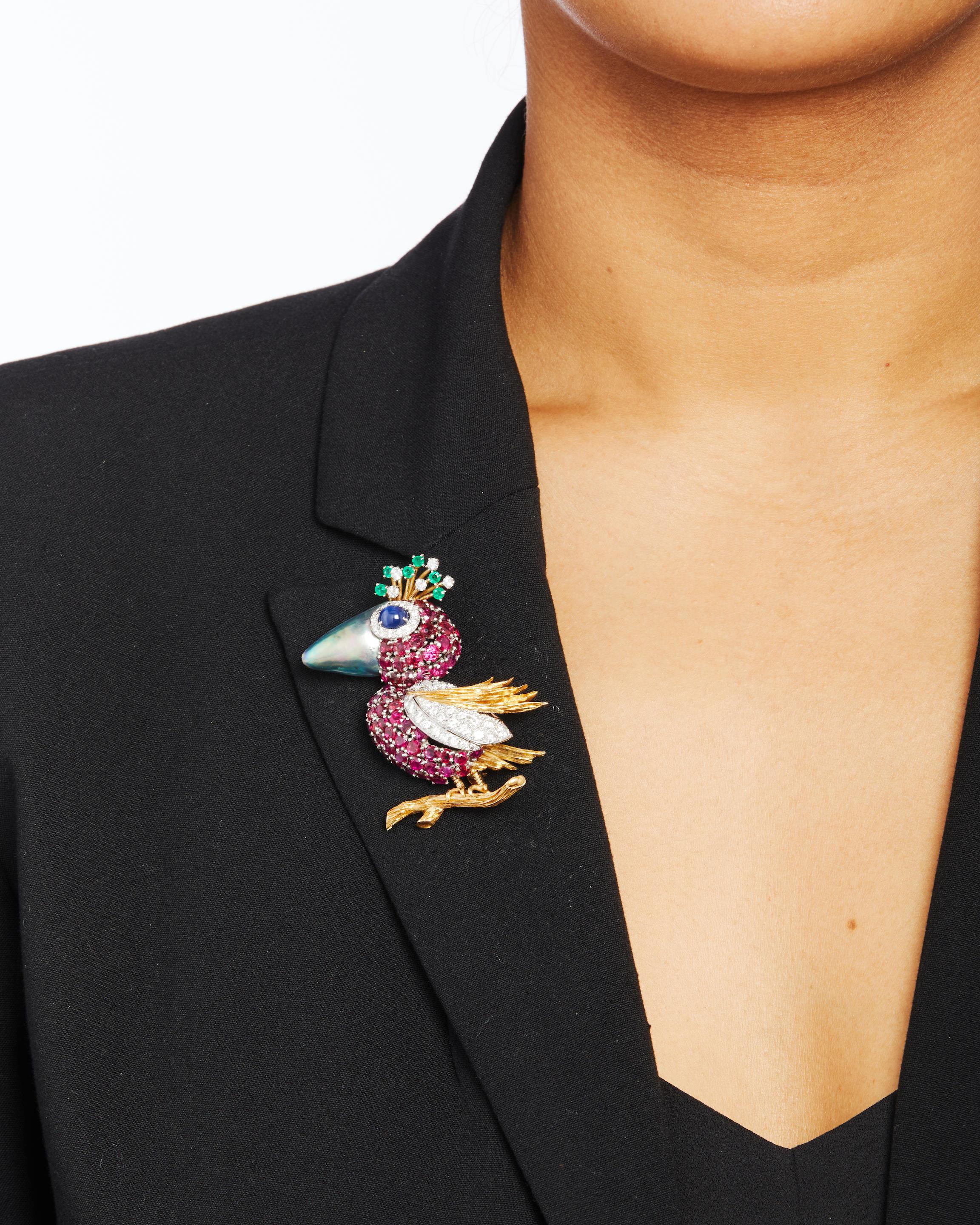 18k and 14k Gold Bird Brooch w/ Cultured Abalone, Star Sapphire, Ruby ...