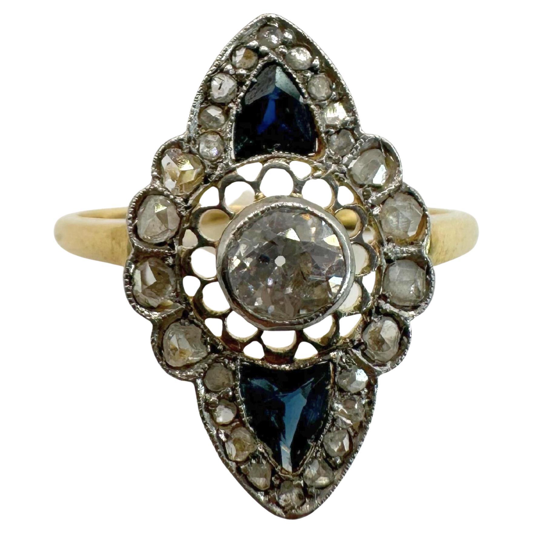 18k Art Deco Rose Cut Diamond and Sapphire Navette Shaped Ring For Sale ...