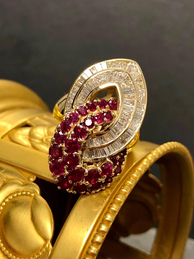 18K Baguette Diamond Ruby Marquise Shaped Cocktail Ring For Sale at 1stDibs