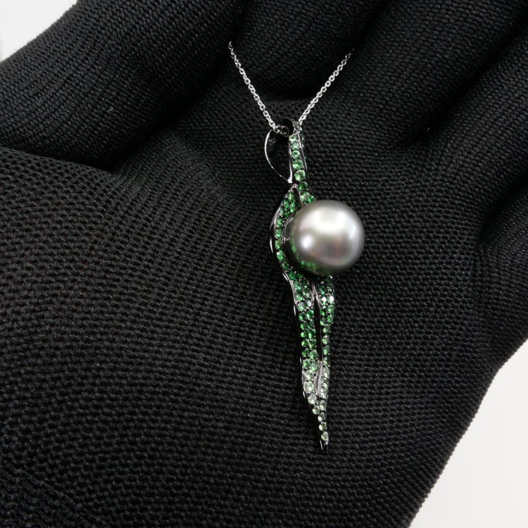 18k Black Gold, Tsavorite Green Garnet and South Sea Pearl Drop Pendant ...