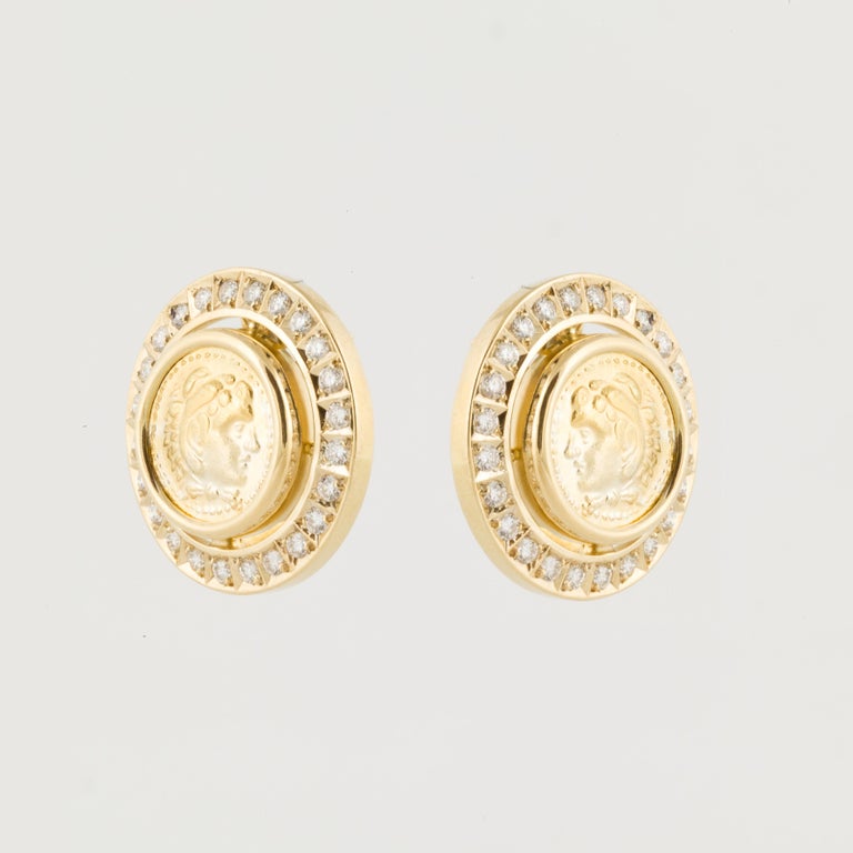18K Gold Coin Earrings with Diamonds For Sale at 1stDibs