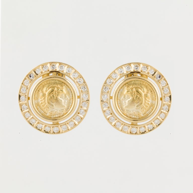 18K Gold Coin Earrings with Diamonds For Sale at 1stDibs