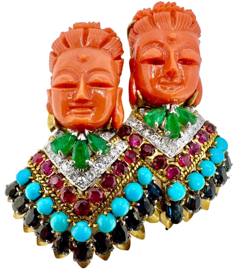 18k Coral Lady Buddha Brooch w/Diamonds, Emeralds, Rubies, Sapphires ...