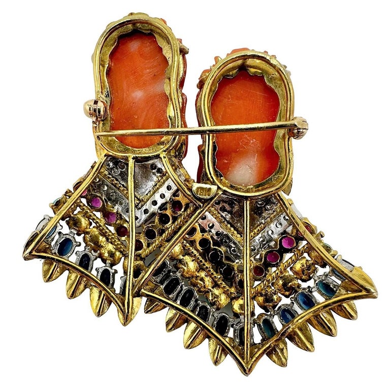 18k Coral Lady Buddha Brooch w/Diamonds, Emeralds, Rubies, Sapphires ...