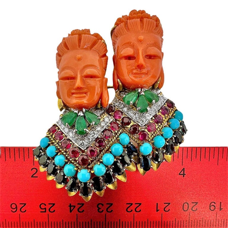 18k Coral Lady Buddha Brooch w/Diamonds, Emeralds, Rubies, Sapphires ...