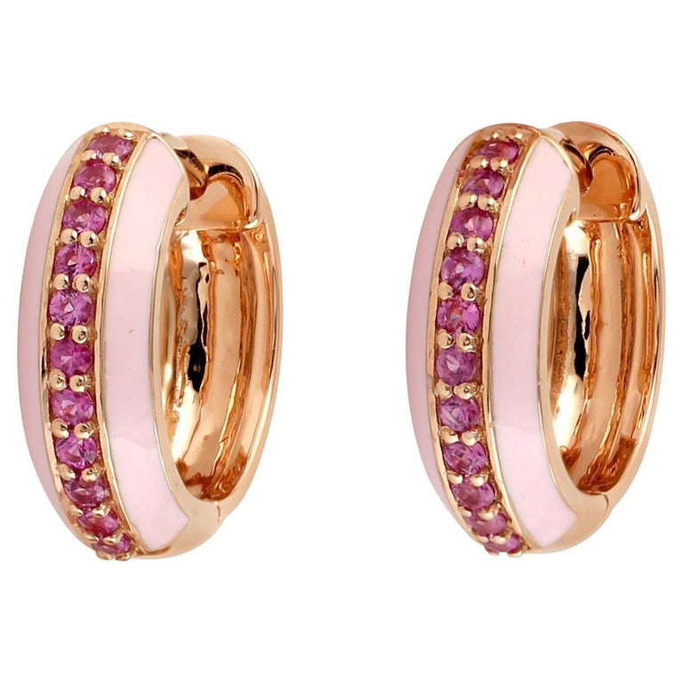 18k Rose Gold Half inch Hoop With Sapphire and Baby Pink Enamel For ...