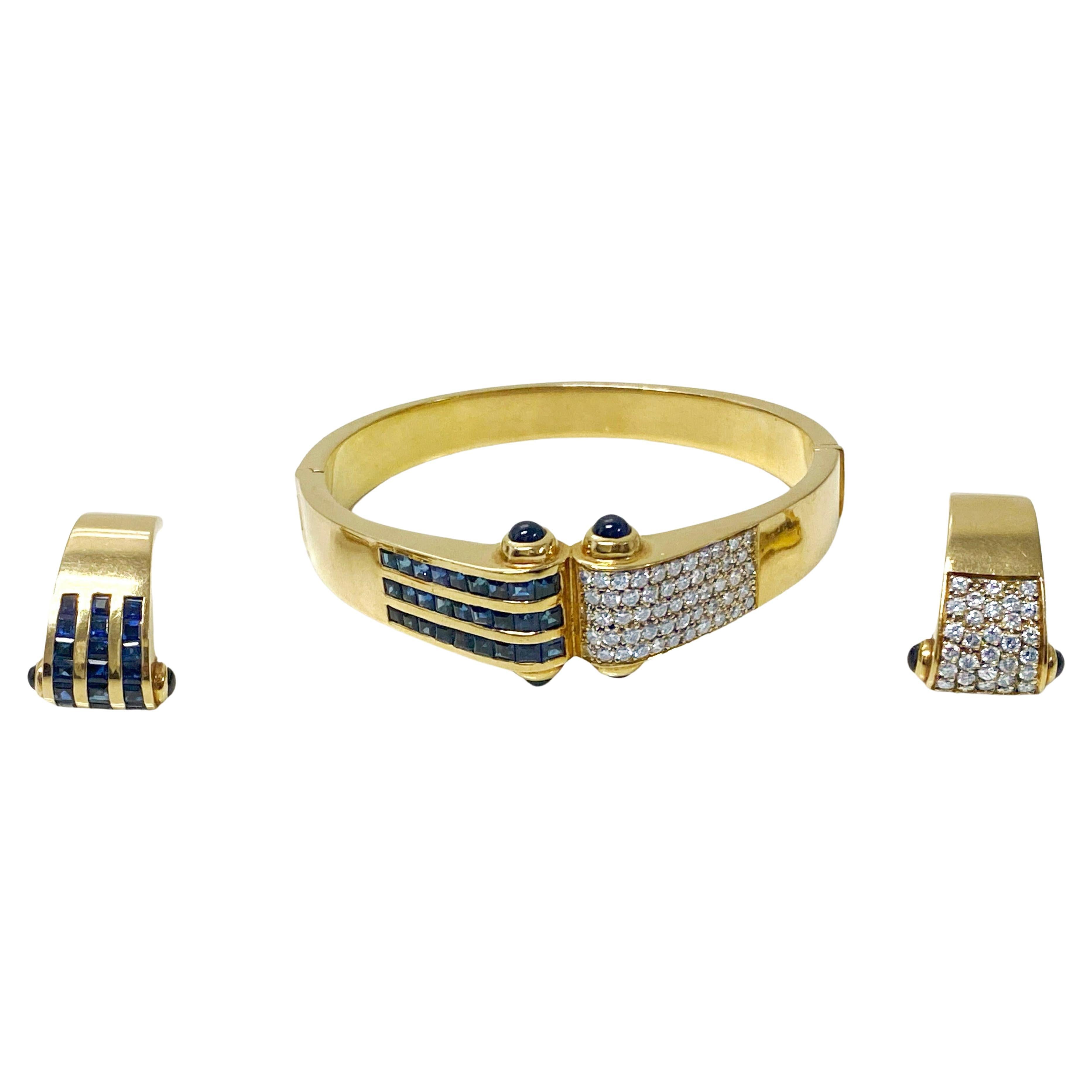 18K Diamond and Sapphire Bangle and clip earrings custom made For Sale ...