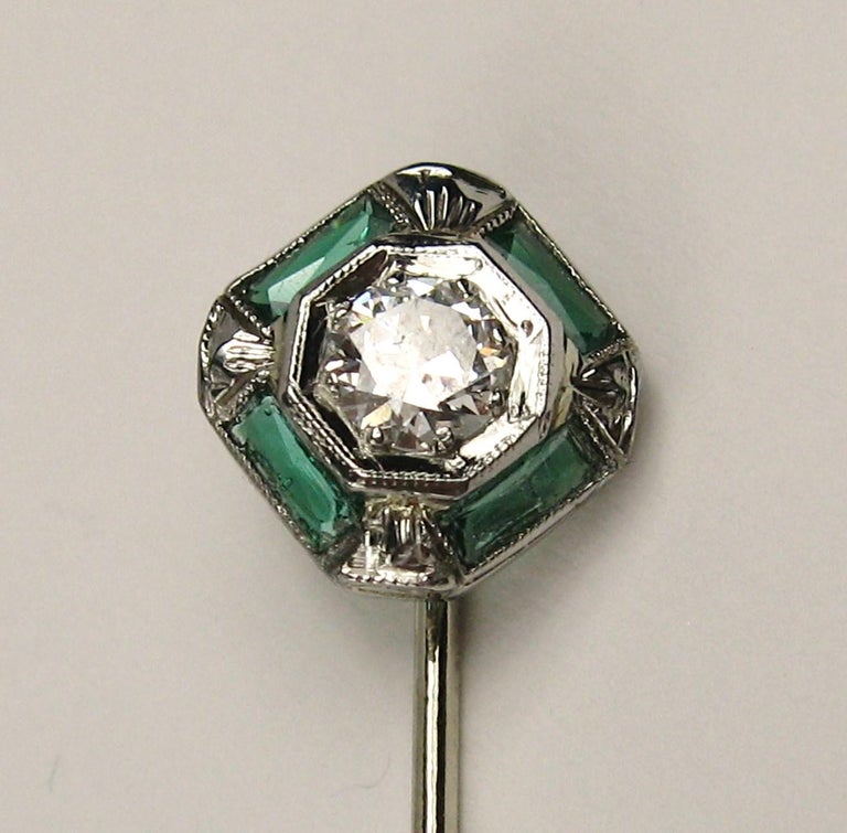 18 Karat Diamond and Emerald Stick Pin Art Deco Brooch at 1stDibs ...